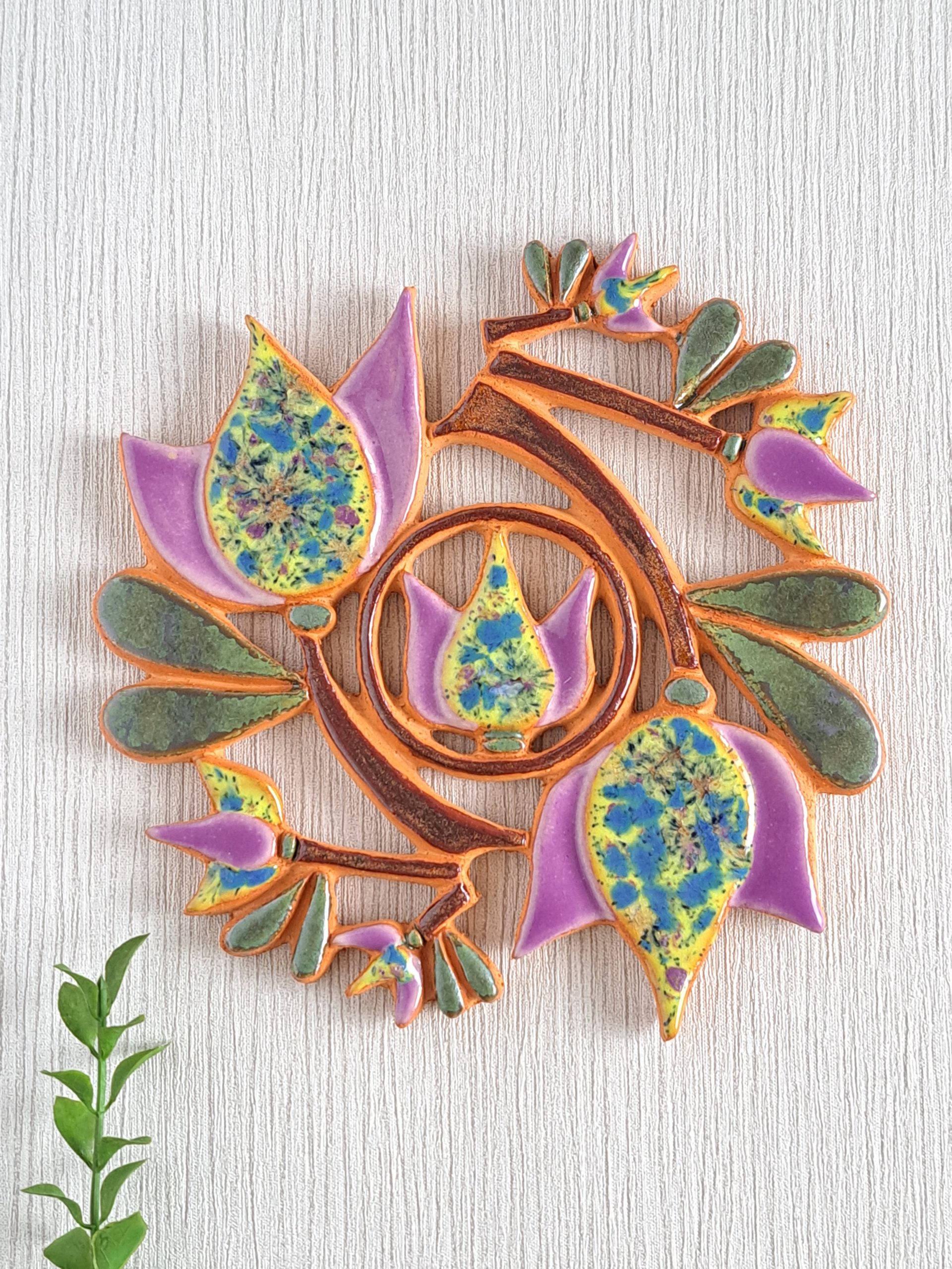 Mandala flor amarela lilás (Cód: md2) - Tatiana Lucas Cerâmica